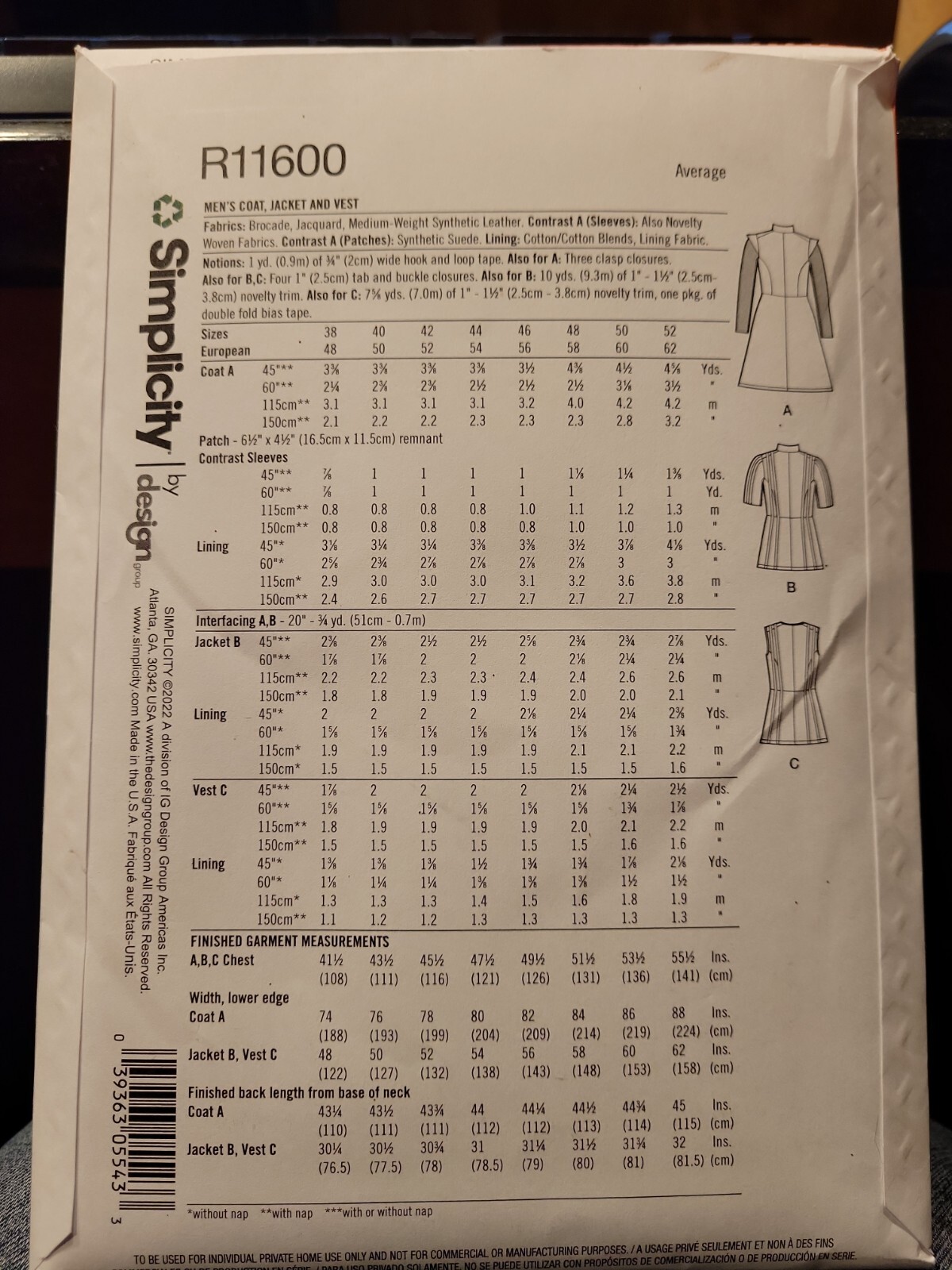 Simplicity R11600 Men's Coat Jacket & Vest Cosplay Costume Pattern ...