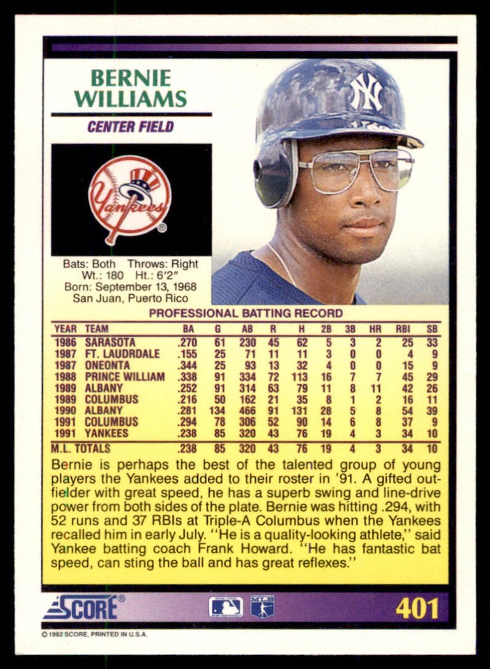 1992 Score #401 Bernie Williams Rookie Card | eBay