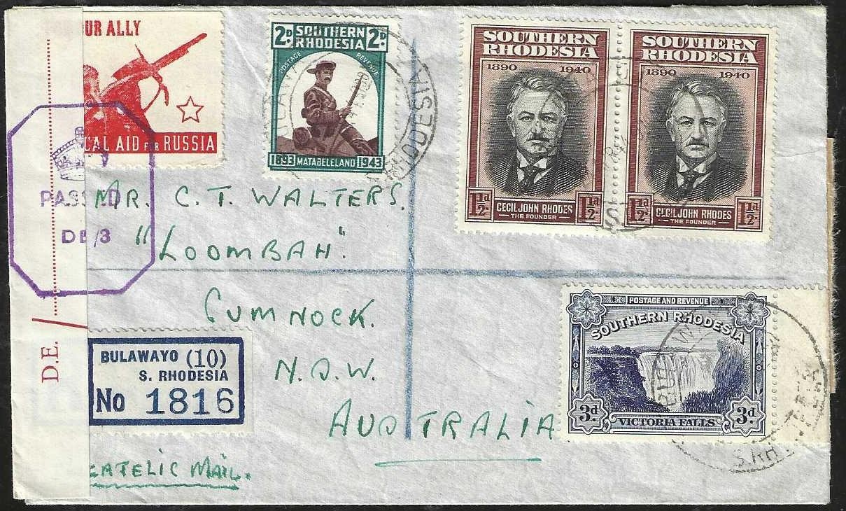 SOUTHERN RHODESIA 1944 Censored Cover Bulawayo to Cumnock Australia ...
