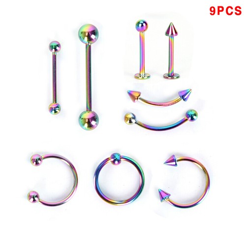 9Pcs Stainless Steel Eyebrow Lip Nose Barbell Ball Rings Body Piercing ...