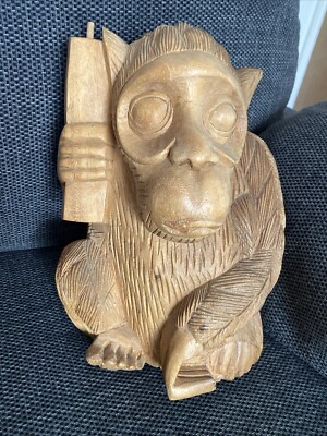 large Wooden carved monkey Holding A Mobile Phone Statue Figure Wood ...