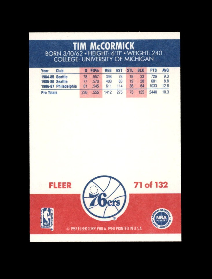 1987-88 Fleer Basketball #71 Tim McCormick (76ers) NM-MT | eBay