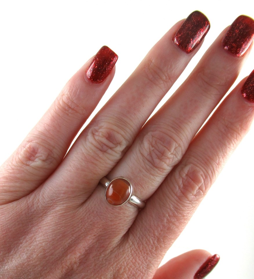 .925 Sterling Silver Orange Banded Agate Ring Oval Cabochon size 7 | eBay