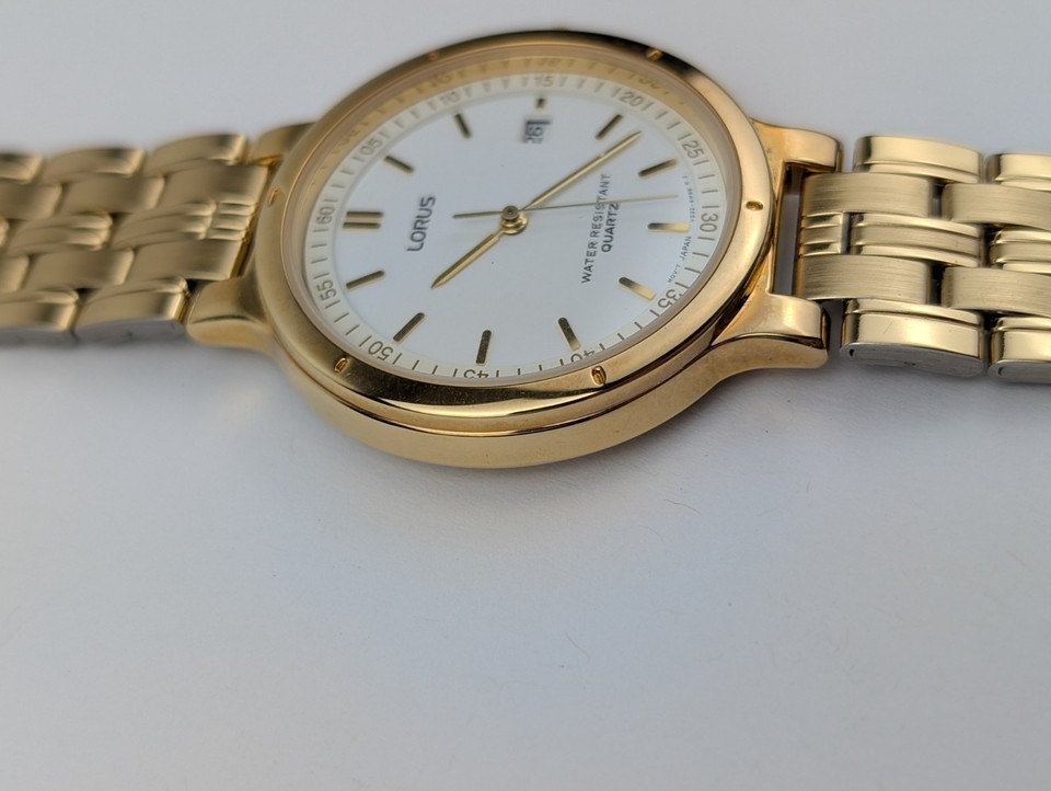 Vtg NEW OLD STOCK Lorus Gold Tone Quartz Analog Date Watch 35.5mm Mens ...