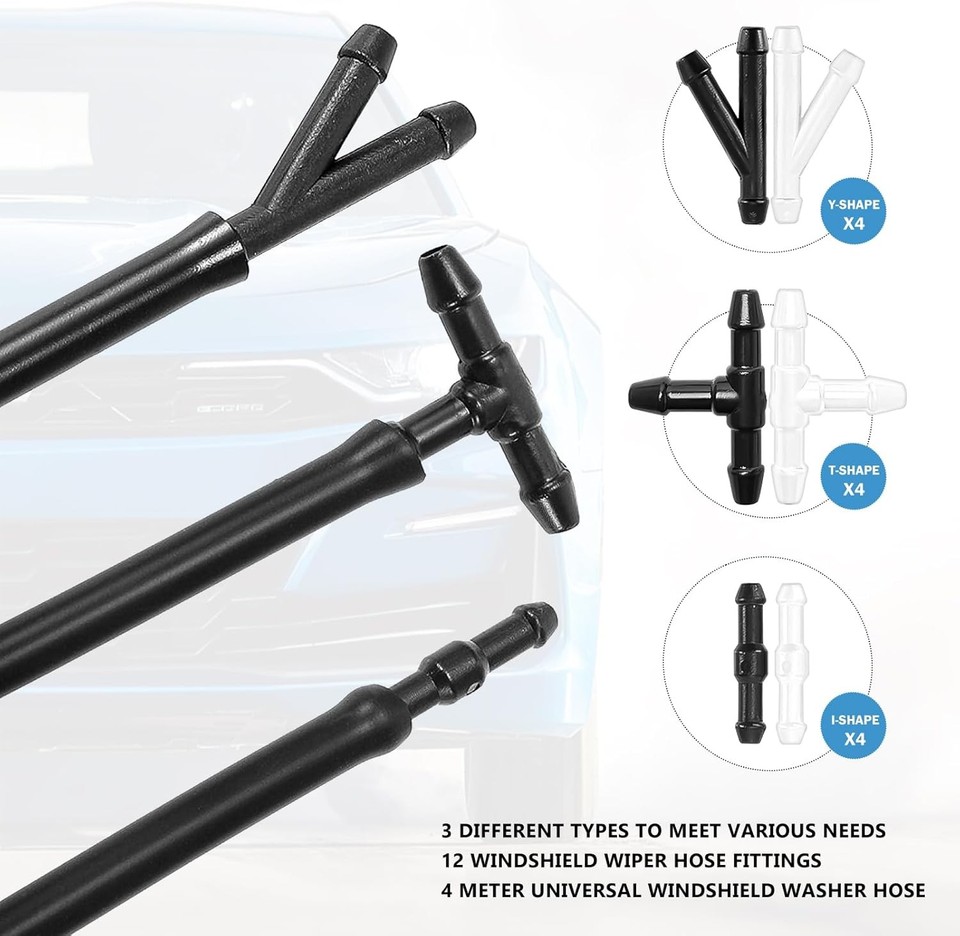 4 Meter Universal Windshield Washer Hose Kit with 12 Connectors, Black ...