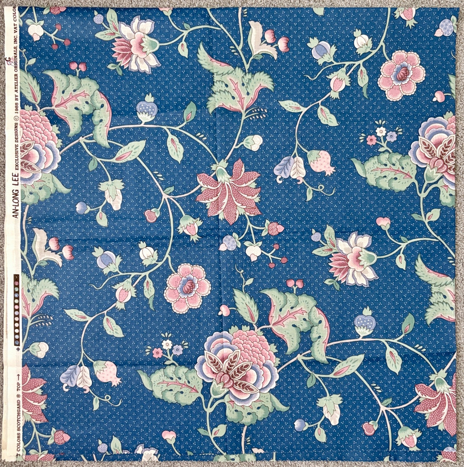 Vtg Atelier Originals Upholstery Fabric, An-Long Lee Blue Jacobean ...