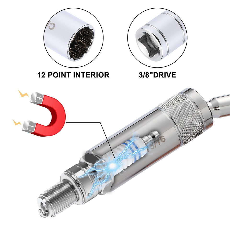 6PC 3/8"Dr. Magnetic Swivel Spark Plug Socket Set Include 9/16" 5/8" 13 ...