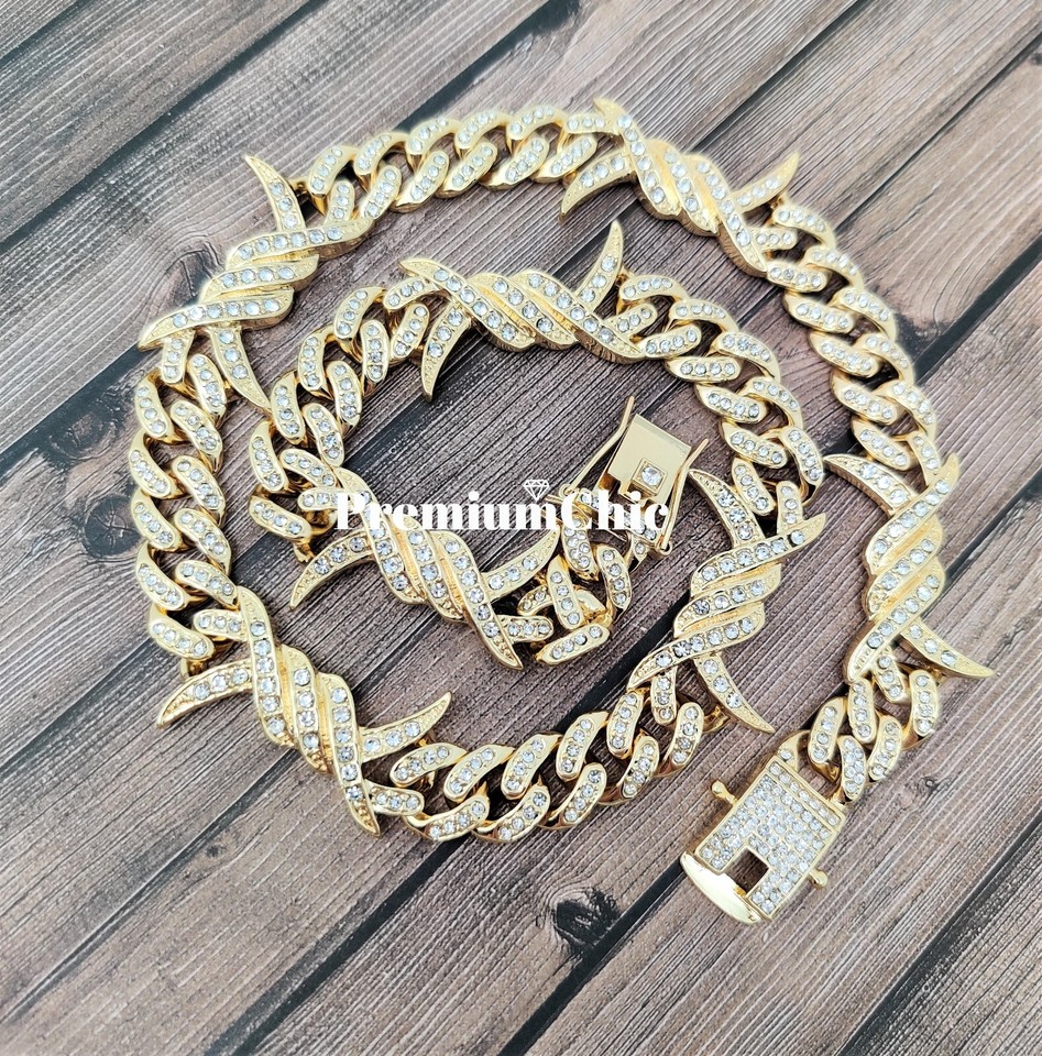 ICED Miami Cuban Link Chain Spike Thorn Necklace Plated Mens CZ Hip Hop ...