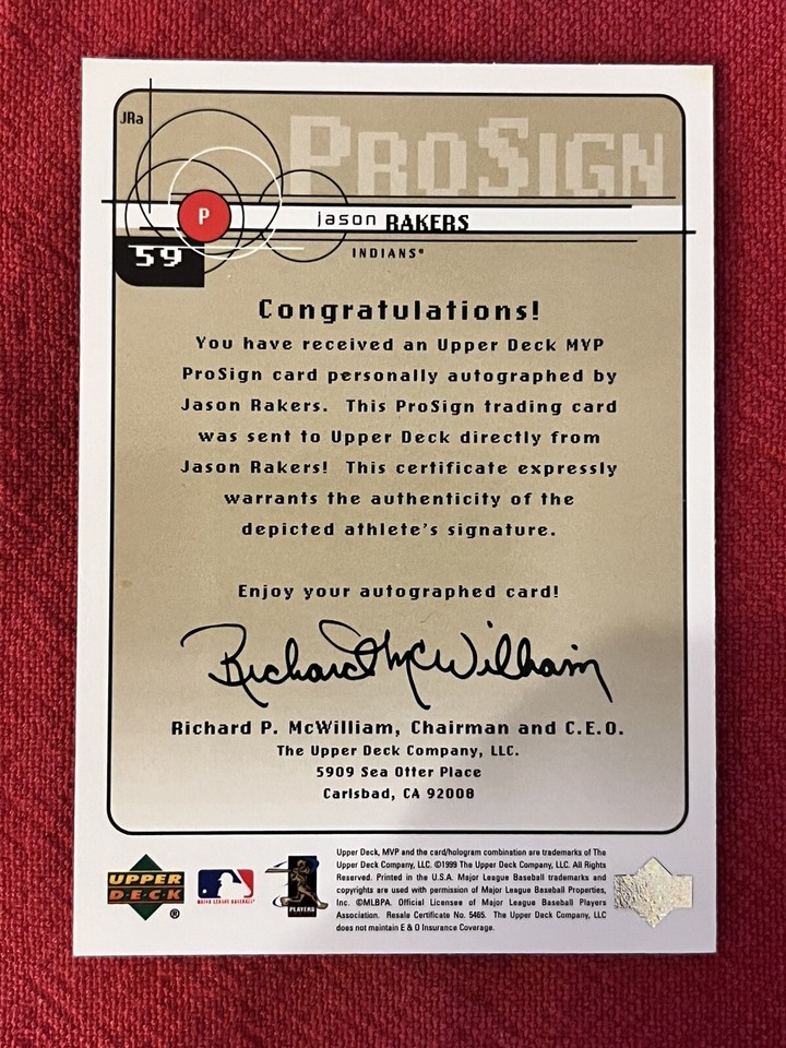 Jason Rakers 1999 Upper Deck MVP Auotgraph Card.# JRa, Cleveland ...