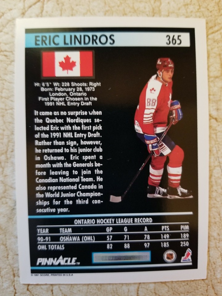 Eric lindros 1991-92 Pinnacle Rookie Card !!! Canadian National Team ...