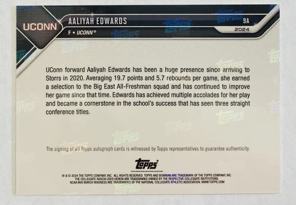 QTY AVL #/99 Aaliyah Edwards Auto Bowman U Now Autograph March Madness ...