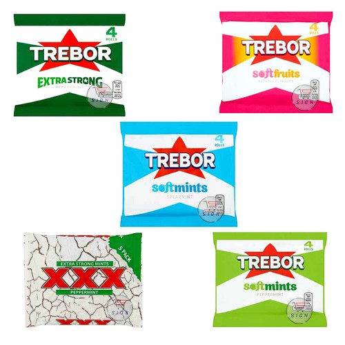 TREBOR PEPPERMINT, XXX, EXTRA STRONG, SOFTFRUITS, SPEARMINT 6 x 4 ROLLS ...