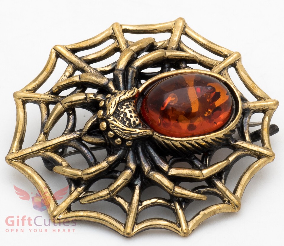 Brass Amber Spider in the web Brooch IronWork | eBay