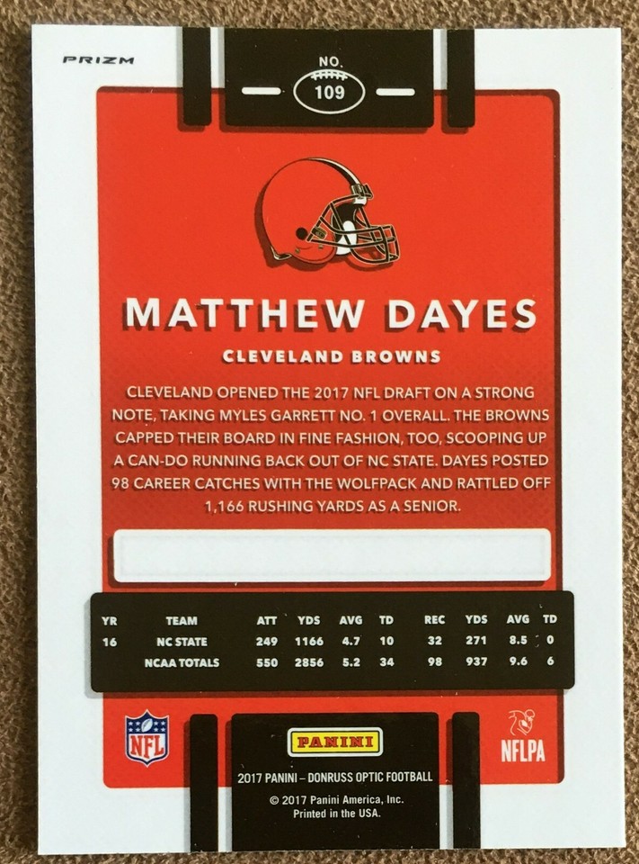 Matthew Dayes 2017 Donruss Optic Silver Prizm Rookie #109 Browns ...