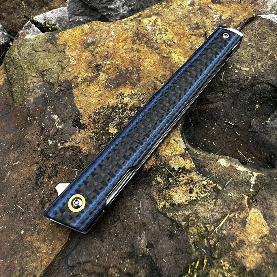 VORTEK FENNEC Blue Carbon Fiber D2 Tanto Blade Folding Executive Pocket ...