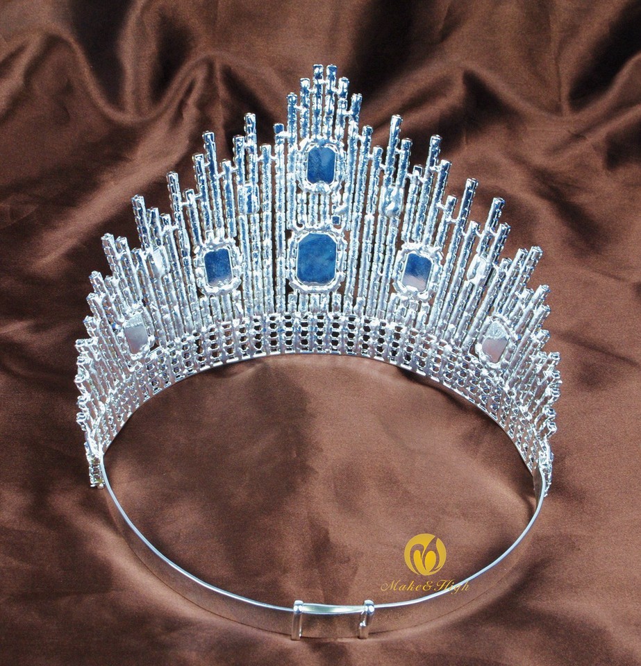 Blue Crystal Miss Pageant Tiara Large Crown Clear Rhinestone Wedding ...
