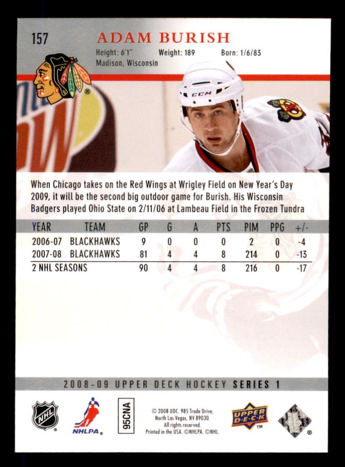 2008-09 Upper Deck #157 Adam Burish Chicago Blackhawks | eBay