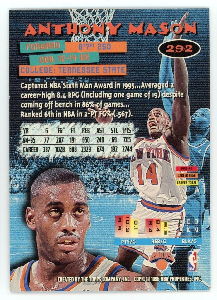 1995-96 Topps Stadium Club Anthony Mason #292 BASKETBALL | eBay
