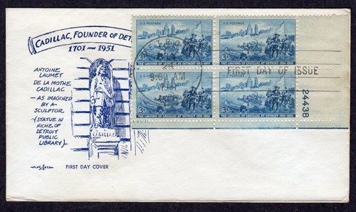 1951 Detroit 250th (Scott 1000) - Pent-Arts Statue Plate Block FDC ...