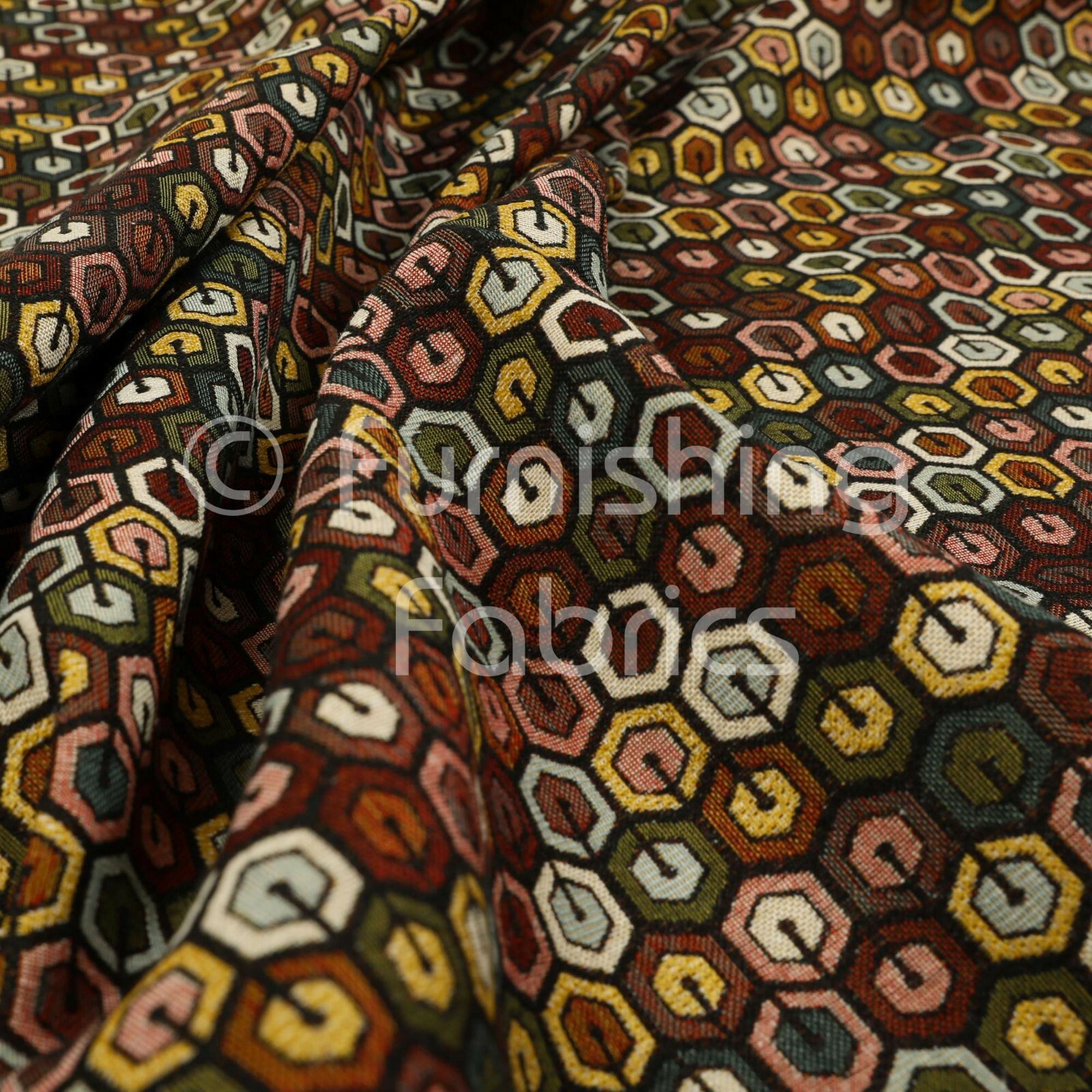 Black Multi Coloured Full Hexagon Geometric Pattern Jacquard Upholstery ...