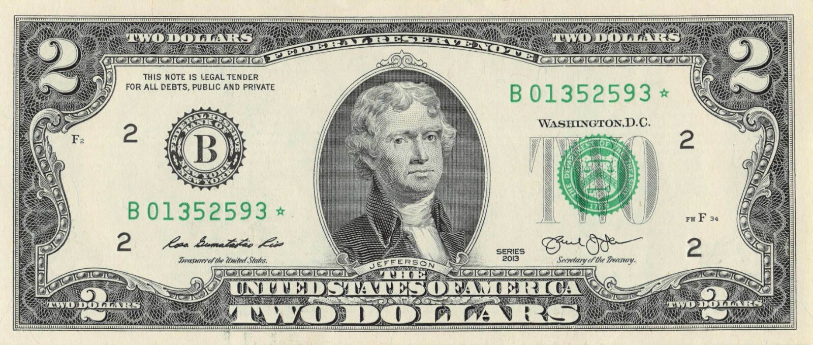 2013 $2 B star two dollar bill B01352593* replacement note | eBay