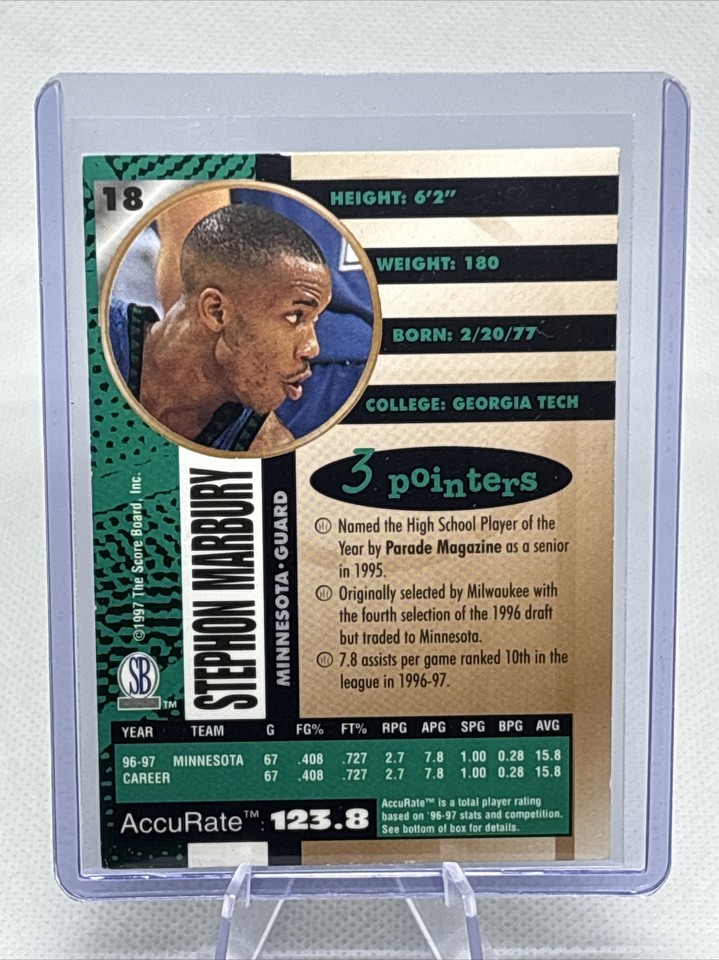 1997-98 Score Board Autographed #18 Stephon Marbury AccuRate 2nd Year ...