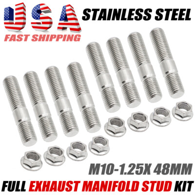 8X Stainless 10mm Exhaust 8 Studs & Serrated 8 Nuts M10x1.25 Manifold ...