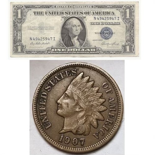 Silver Certificate $1 NOTE + Indian Cent in VF XF FULL LIBERTY (2 PIECE ...