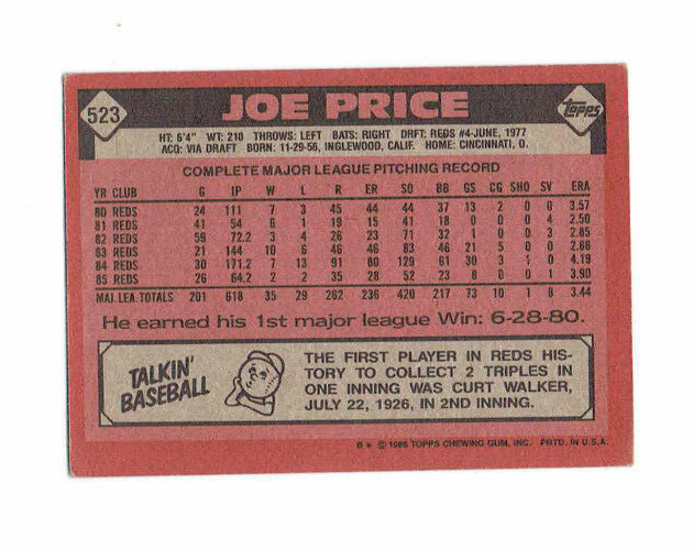 Joe Price Reds P #523 Topps 1986 #Baseball Card | eBay