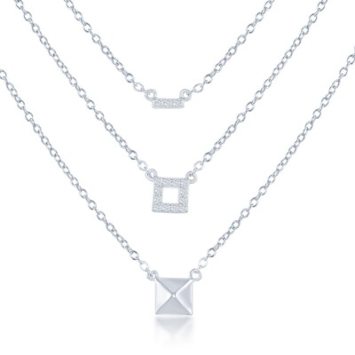 Sterling Silver Graduating Triple Chain with CZ Necklace | eBay