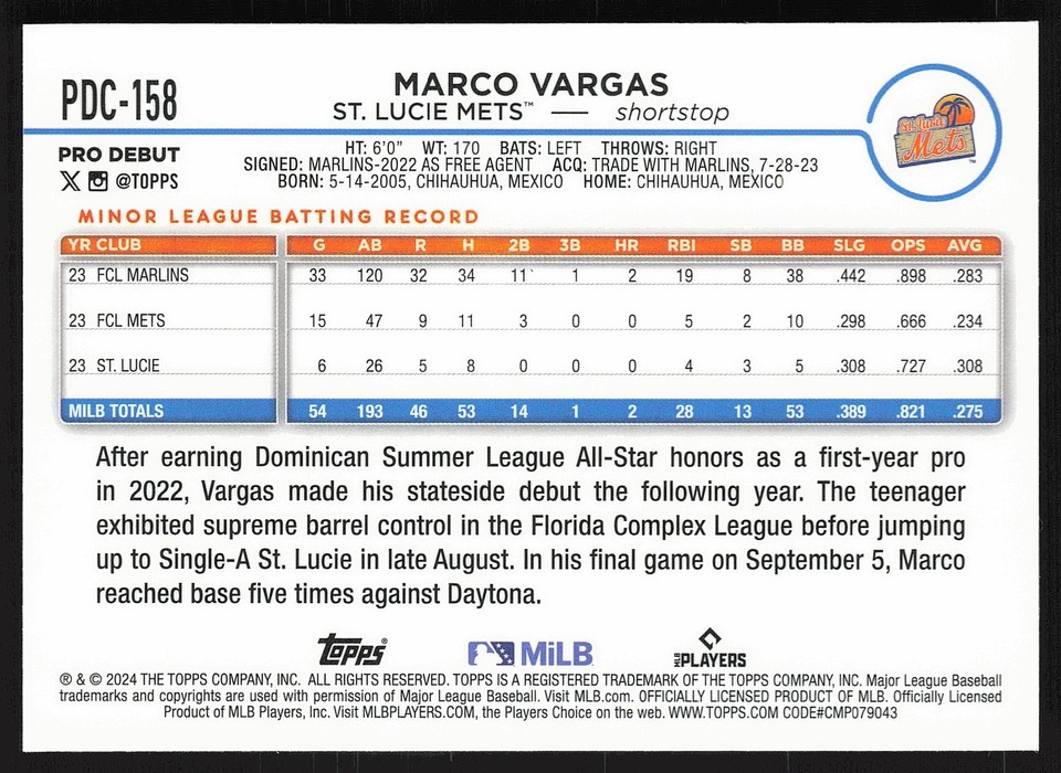 2024 Topps Pro Debut #PDC-158 Marco Vargas Chrome | eBay