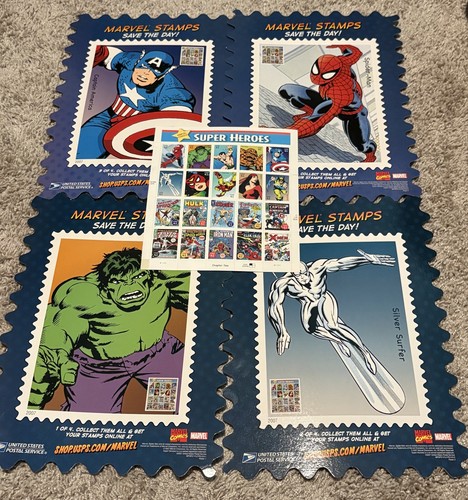 Marvel Stamps Save the Day USPS Spider-Man Hulk Heroes Ad Display w ...