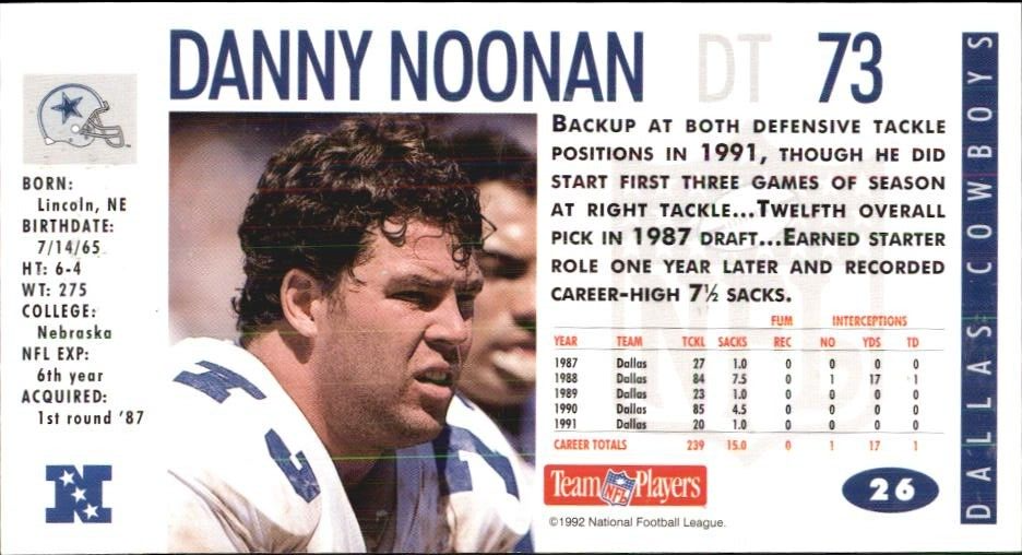 1992 GAMEDAY - FOOTBALL TALL-BOY Trading Card #26 - DANNY NOONAN ...