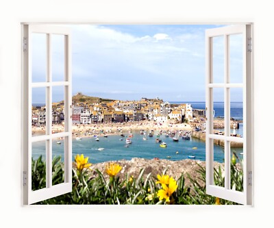 3D Window Effect on Canvas St Ives Harbour Cornwall Boats Picture Wall ...
