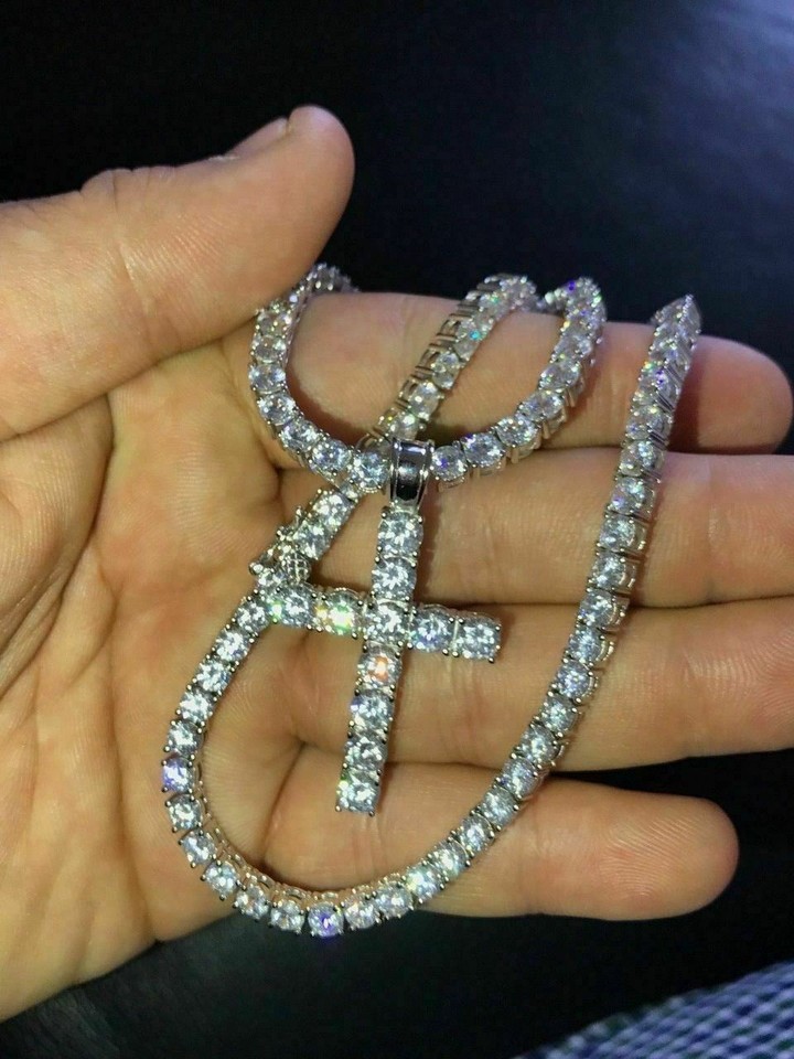 4mm Single Row Tennis Chain W. Cross Solid 925 Sterling Silver CZ ...