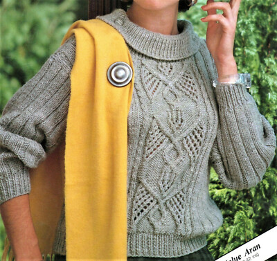 Ladies Aran Fold Over Roll Neck Sweater Knitting Pattern 32-42 inch ...