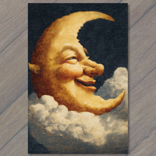 Art Print Crescent Moon Face Grinning Surreal Clouds Whimsical ...