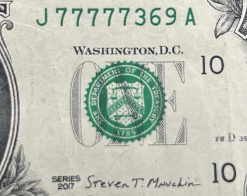 2017 $1 Note Lucky 7’s Fancy Serial Number Five 7s J77777369A ...