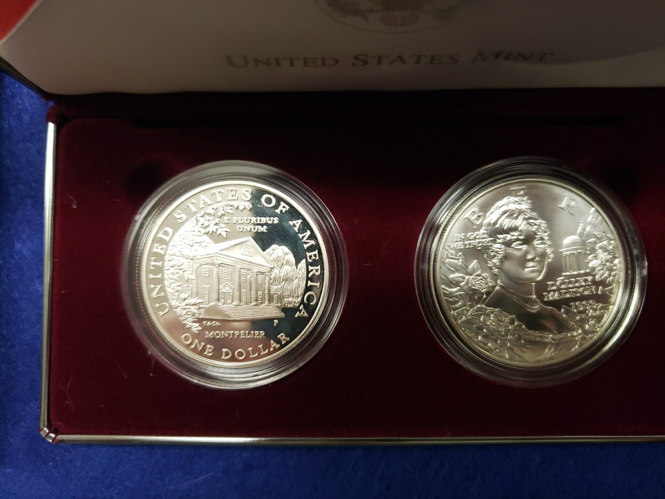 1999 Dolly Madison US Mint 2 Coin Silver Dollar Set w/ BOX and COA ...