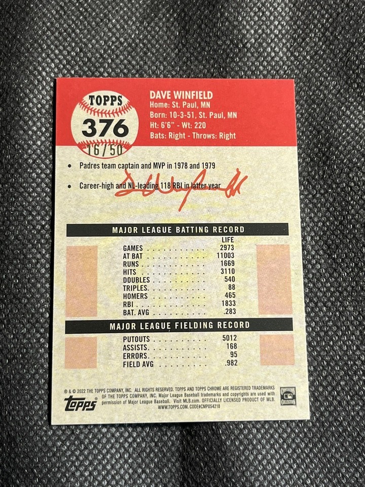 2022 Topps Chrome Platinum Anniversary Dave Winfield Gold Refractor ...