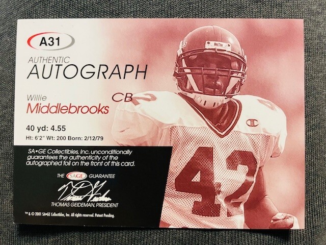 2001 Sage #A31 Willie Middlebrooks Rookie RC Auto Autograph Card Red ...
