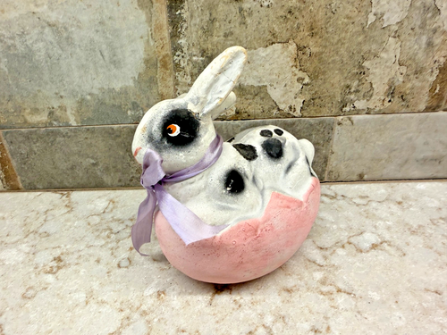 Vintage Easter Paper Mache Black & White Rabbit On Pink Egg Nest Candy ...