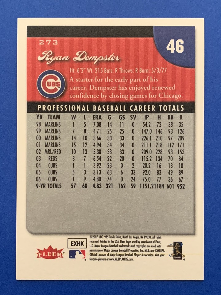 RYAN DEMPSTER (CB HOF) Signed 2007 Fleer #273 (RED SOX WS CHAMP ...