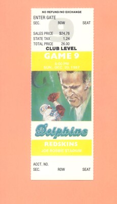 Washington Redskins @ Miami Dolphins 1987 ticket Super Bowl XXII Don ...