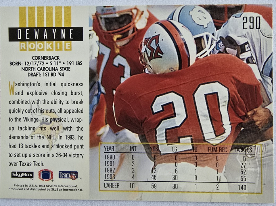 DeWayne Washington, 1994 SkyBox Impact Rookie, Minnesota Vikings, CB ...
