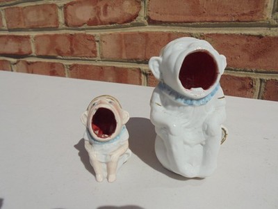 2 Antique Bisque Porcelain Big Mouth Grotesque Baby on Chamber Pot Ash ...