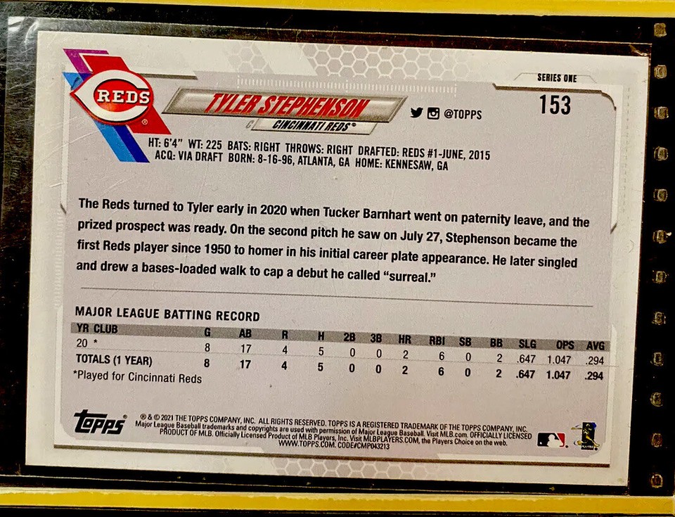 Tyler Stephenson Rookie Card 2021 Series 1 Topps Mint Condition Very ...