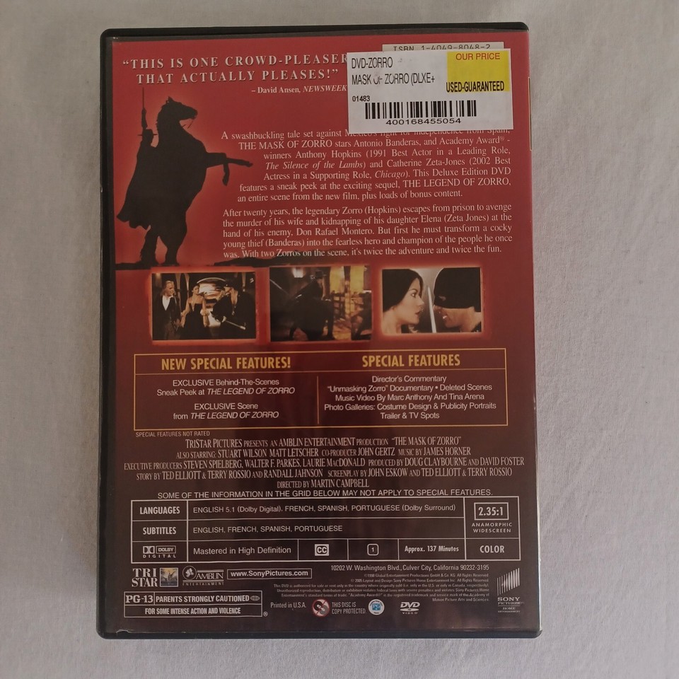 The Mask of Zorro DVD,1998 Deluxe Edition Antonio Banderas Catherine ...