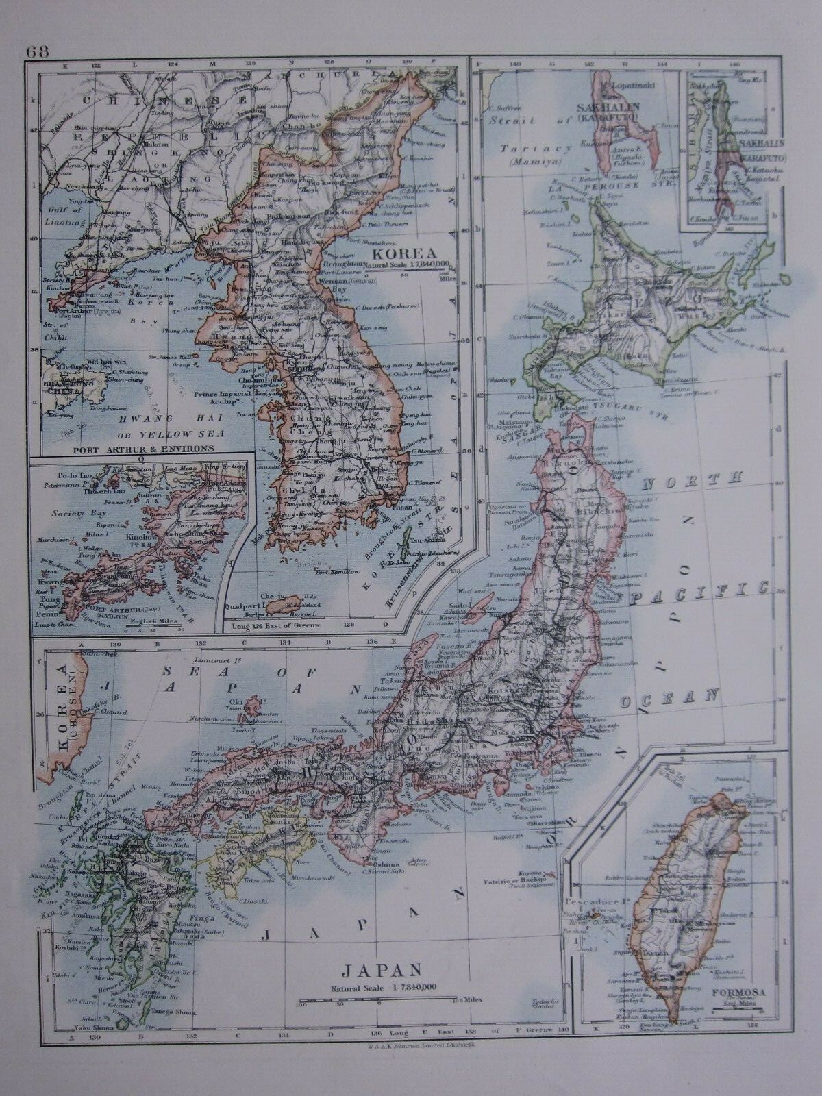 1918 Landkarte Korea Port Arthur & Umgebung ~ Japan Yezo Hondo Formosa ...