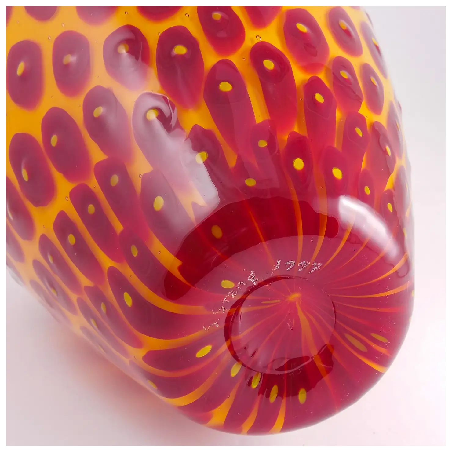Sam Stang Studio Art Glass Vase Yellow w/ Leopard Spot Red Murrini ...